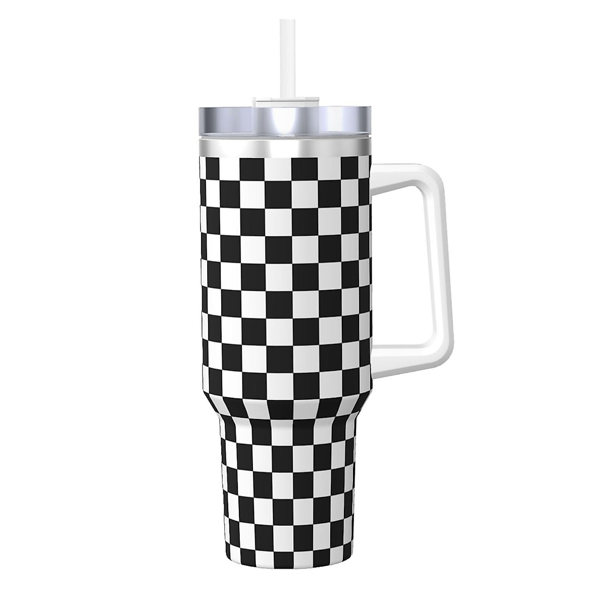 deaokluy 40 OZ Checkered Pattern Ice Bully Cup with Handle Straw Lid, Double Wall Stainless Steel Tumbler Travel Coffee Cup, Black White Insulation and Cooling Cup for Christmas Birthday Present