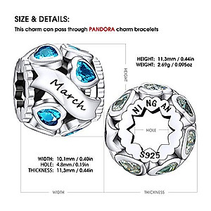 NINGAN March Birthstone Charms 925 Sterling Silver Love Heart Openwork Bead for Charm Bracelets and Necklaces with 5A Cubic Zirconia, Birthday Mothers Day Jewelry Gifts Women