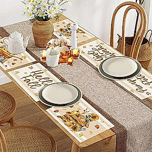 Fall Placemats Set of 6, Autumn Thanksgiving Fall Pumpkin Leaves Plaid Burlap Placemats 12 X 18 Inch Kitchen Dining Table Decor, Rustic Sunflower Fall Decorations for Home Rectangle Placemats