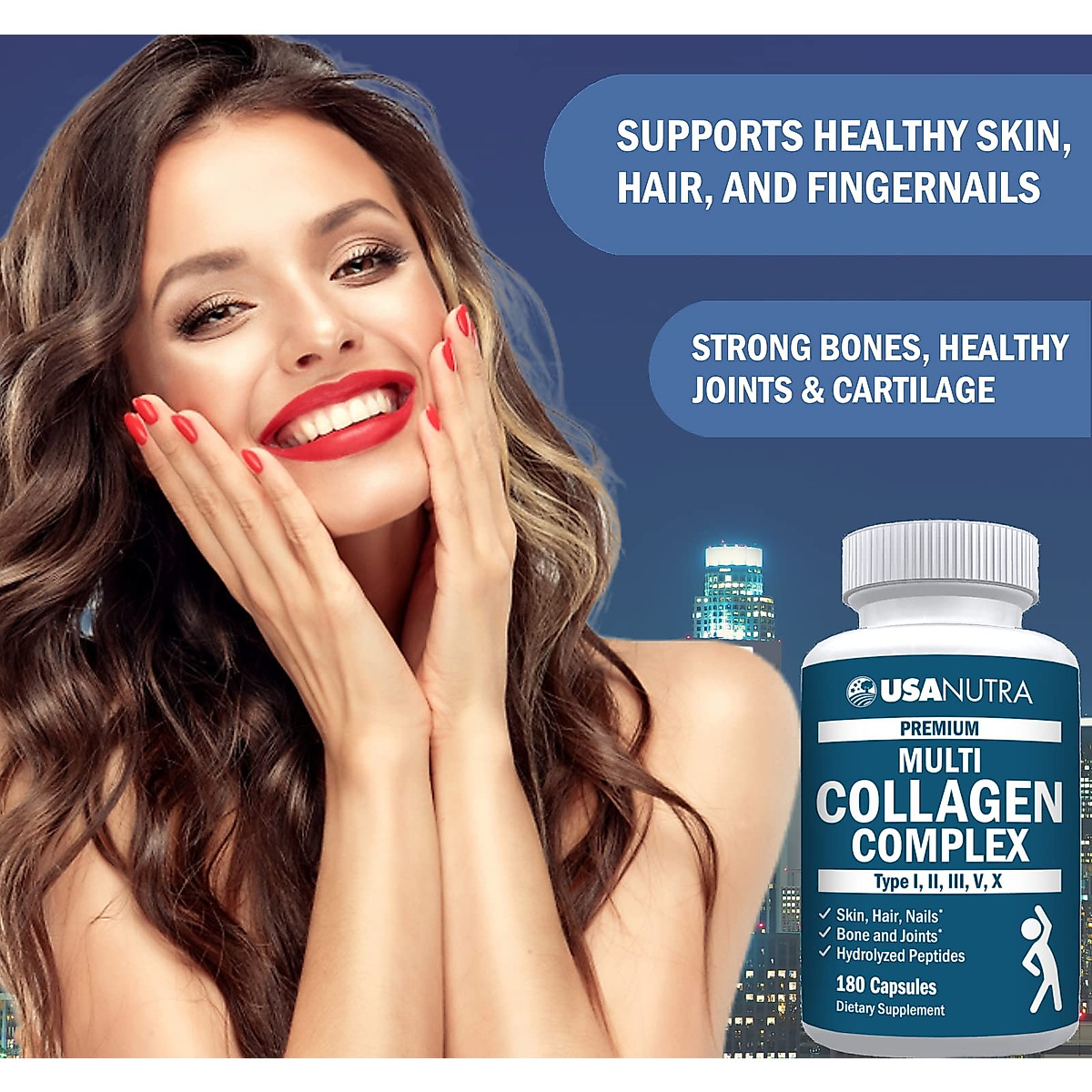 USANUTRA Collagen Peptide Protein Pills for Women and Men Type I, II, III, V, X Multi Collagen 180 Capsules Non-GMO with Bovine and Marine Collagen