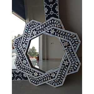 Handmade Mother Of Pearl Inlay Hexagonal Black Floral Pattern Mirror Frame | Handmade MOP Inlay Mirror Frame For Home Decor