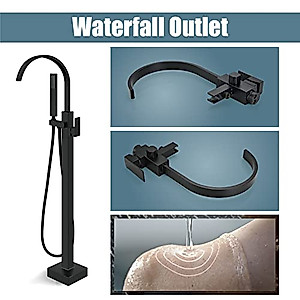 Aolemi Matte Black Freestanding Tub Filler Bathtub Faucet Floor Mounted Bathroom Waterfall Tap Brass Swivel Spout Single Handle with Handheld Shower