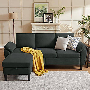 Pingliang Home 79" Convertible Sectional Sofa, Small L Shaped 3-Seat Couch with Reversible Chaise, Modern Linen Sofas Couches for Living Room, Apartment and Small Space, Black