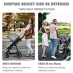 BABY JOY Baby Stroller, 2 in 1 Convertible Carriage Bassinet to Stroller, Pushchair with Foot Cover, Cup Holder, Large Storage Space, Wheels Suspension, 5-Point Harness (Gray)