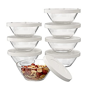KooK Small Glass Prep Bowls with Lids Set, Clear Mini Food Storage Containers, Perfect for Dips, Microwave & Dishwasher Safe, 7.25 oz, Set of 8