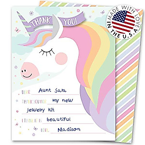 Koko Paper Co Magical Unicorn Fill-in-the-Blanks Thank You Notes. Set of 25 5.5” x 4.25” Flat Note Cards and A2 White Envelopes. Printed on Heavy Card Stock.