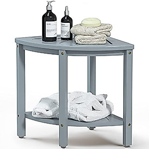Bamfan Bamboo Corner Shower Bench Waterproof Stool with Space-Efficient Storage Shelf - Shower Stool Seat for Indoor or Outdoor Use(Bluish Grey)