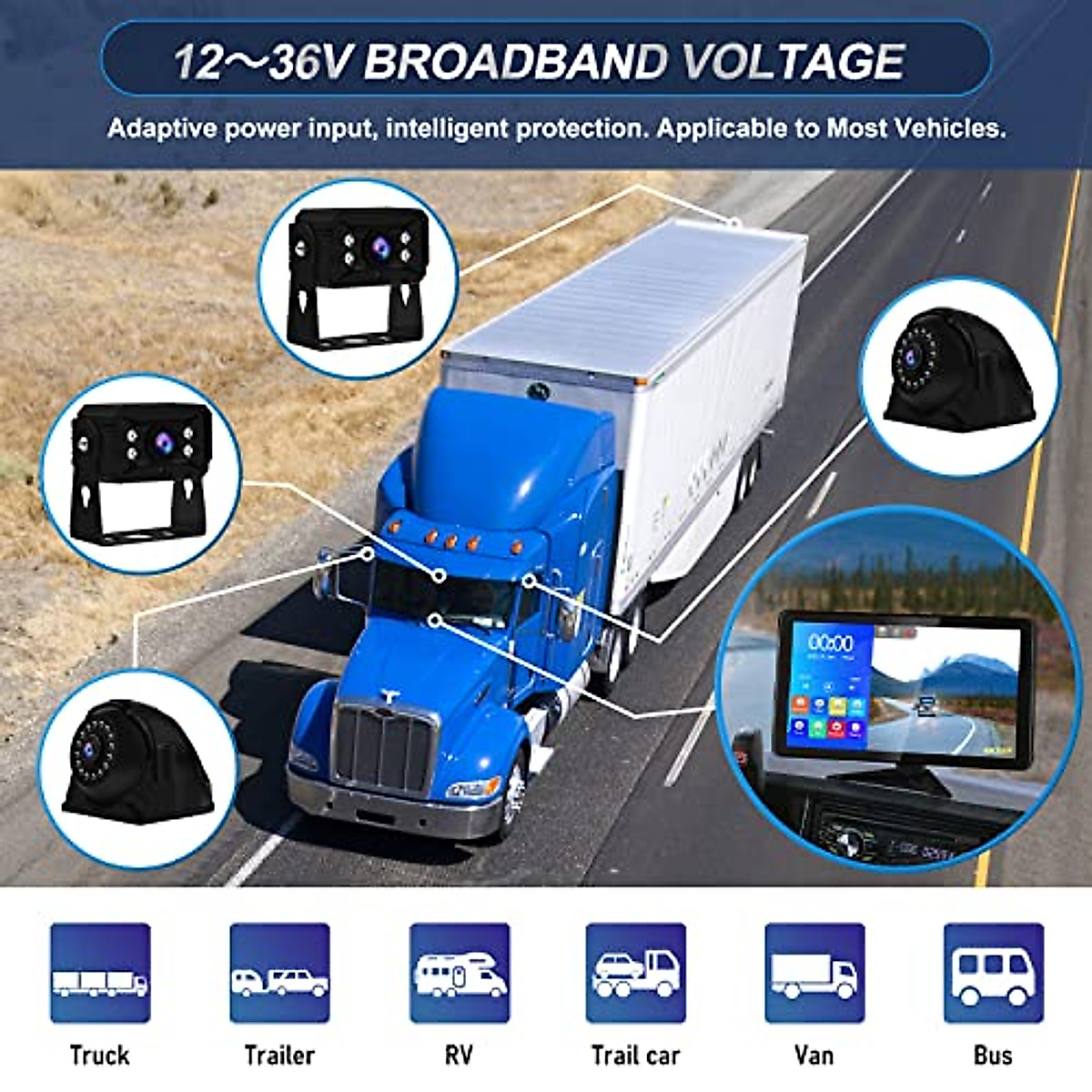 Vekooto RV Camera System, 4K Backup Camera with 10.36'' Touch Screen, Waterproof 4 AHD Rear Side View Camera, for Truck/Semi-Trailer/Camper/RV/Bus, 32GB Micro SD CardT9