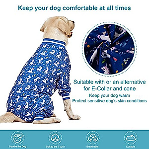 LovinPet Large Dog PJS Clothes: Wound Care/Post Surgery Dog Shirt, Lightweight Stretchy Knit Dog Pajamas, Mermaids & Unicorns Blue and White Print, Large Dog Jammies, Pet PJ's /3XL
