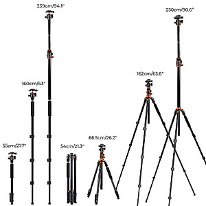 K&F Concept 90 inch/230cm Ultra High Camera Tripod,Horizontal Overhead Shooting Travel Tripods with Metal Ball Head 10KG Load Capacity,Detachable Monopod, for Indoor and Outdoor Use T254A7+BH-28L