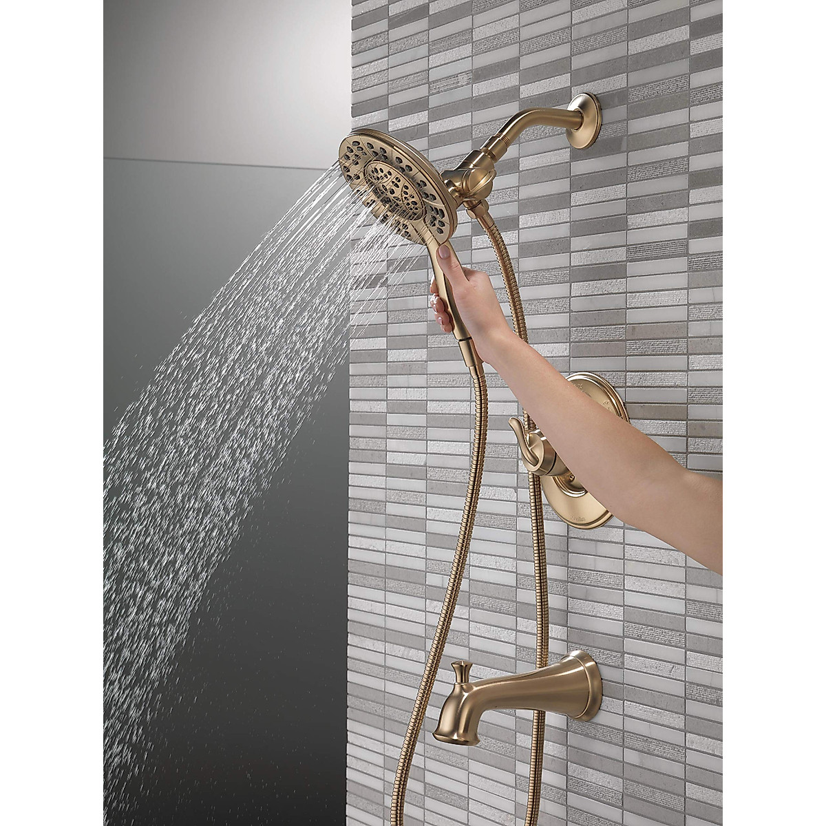 Delta Faucet Linden 17 Series Dual-Function Tub and Shower Trim Kit, Shower Faucet with 4-Spray In2ition 2-in-1 Dual Hand Held Shower Head with Hose, Champagne Bronze T17494-CZ-I (Valve Not Included)