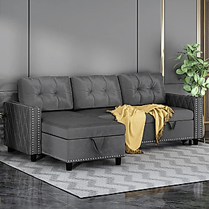 BALUS Sleeper Sofa, Futon Sofa Bed, Pull Out Sleeper Reversible Sectional Couch, Storage Chaise & Couch Bed, L Shape Couch Velvet Sleeper Sofa with Nailheads for Living Room - Dark Grey