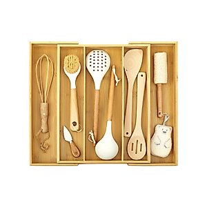 StorageWorks Bamboo Drawer Cutlery Organizer, Expandable Cutlery Organizer, Silverware Holder for Silverware, Flatware, Stationery, Tools, Natural Wood Color