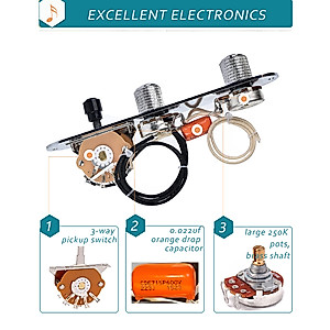 LAMSAM Fully Loaded Guitar Control Plate, Prewired 3-way Blade Switch Large Potentiometers Orange Capacitor, Knurled Volume Tone Controls Knobs Fit for Guitars with Single Coil Pickups, Chrome