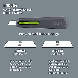 Slice 10554 Auto Retract Utility Knife, Finger Friendly, Safe Ceramic Blade Retracts Automatically, Lasts 11x Longer Than Steel, 1 Pack, Green