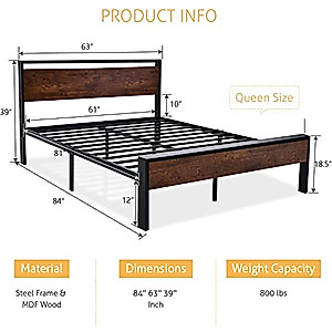 SHA CERLIN 14 Inch Queen Size Metal Platform Bed Frame with Wooden Headboard and Footboard, Mattress Foundation, No Box Spring Needed, Large Under Bed Storage, Non-Slip Without Noise, Mahogany