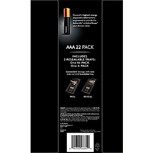 Duracell Optimum AAA Batteries, 22 Count Pack Triple A Battery with Long-lasting Power, Resealable Package for Storage, All-Purpose Alkaline AAA Battery for Household and Office Devices