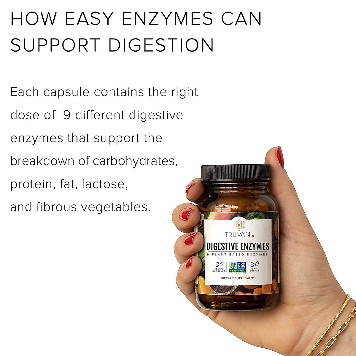 Truvani Digestive Enzymes | 9 Enzyme Blend | Digestive Support | Reduce Bloating | Increased Nutrient Absorption | Non-GMO Capsules| 30 Day Supply
