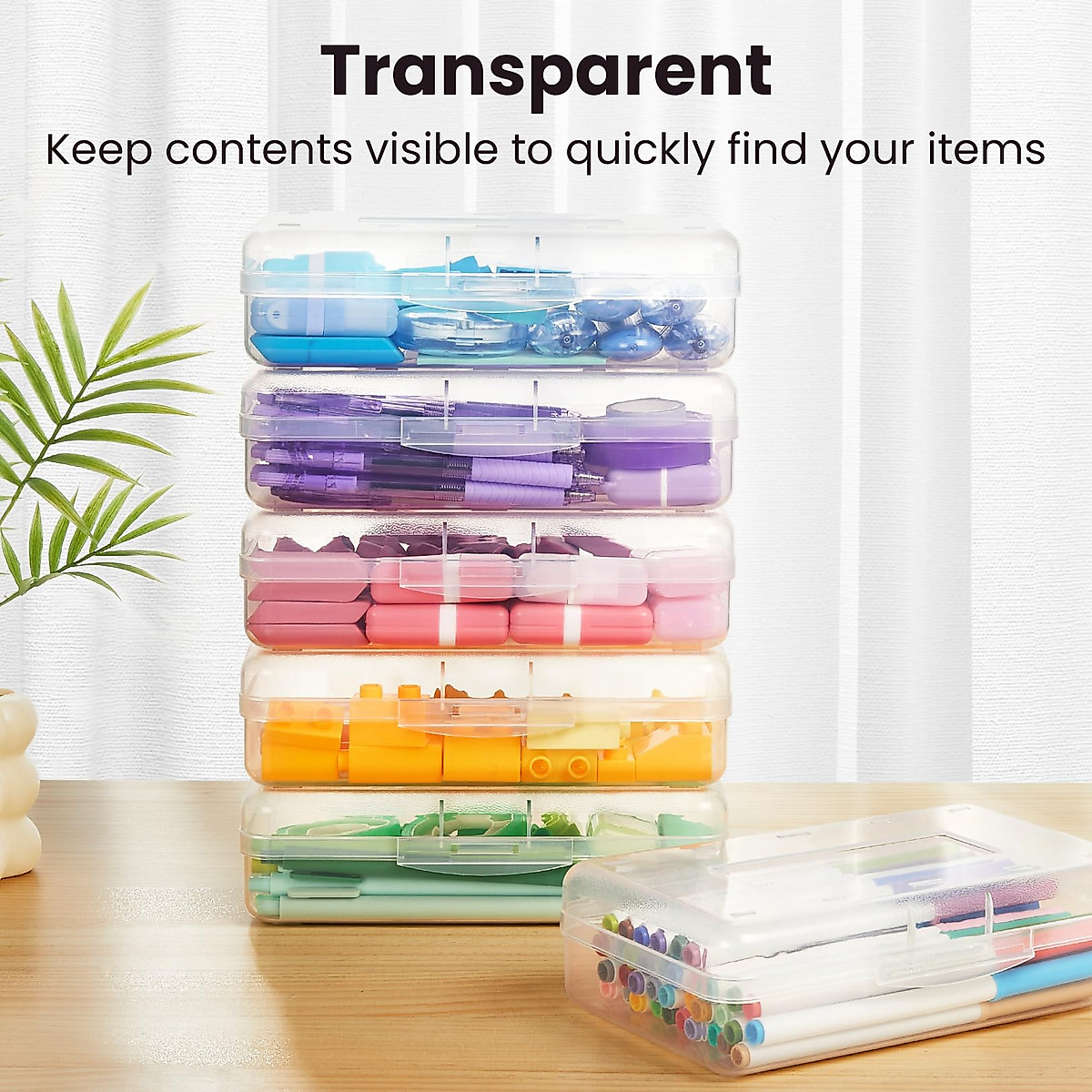 Sooez 6 Pack Clear Pencil Box, Plastic Large Capacity Pencil Boxes Plastic Boxes with Snap-tight Lid, Office Supplies Storage Organizer Box, Stackable Design and Stylish