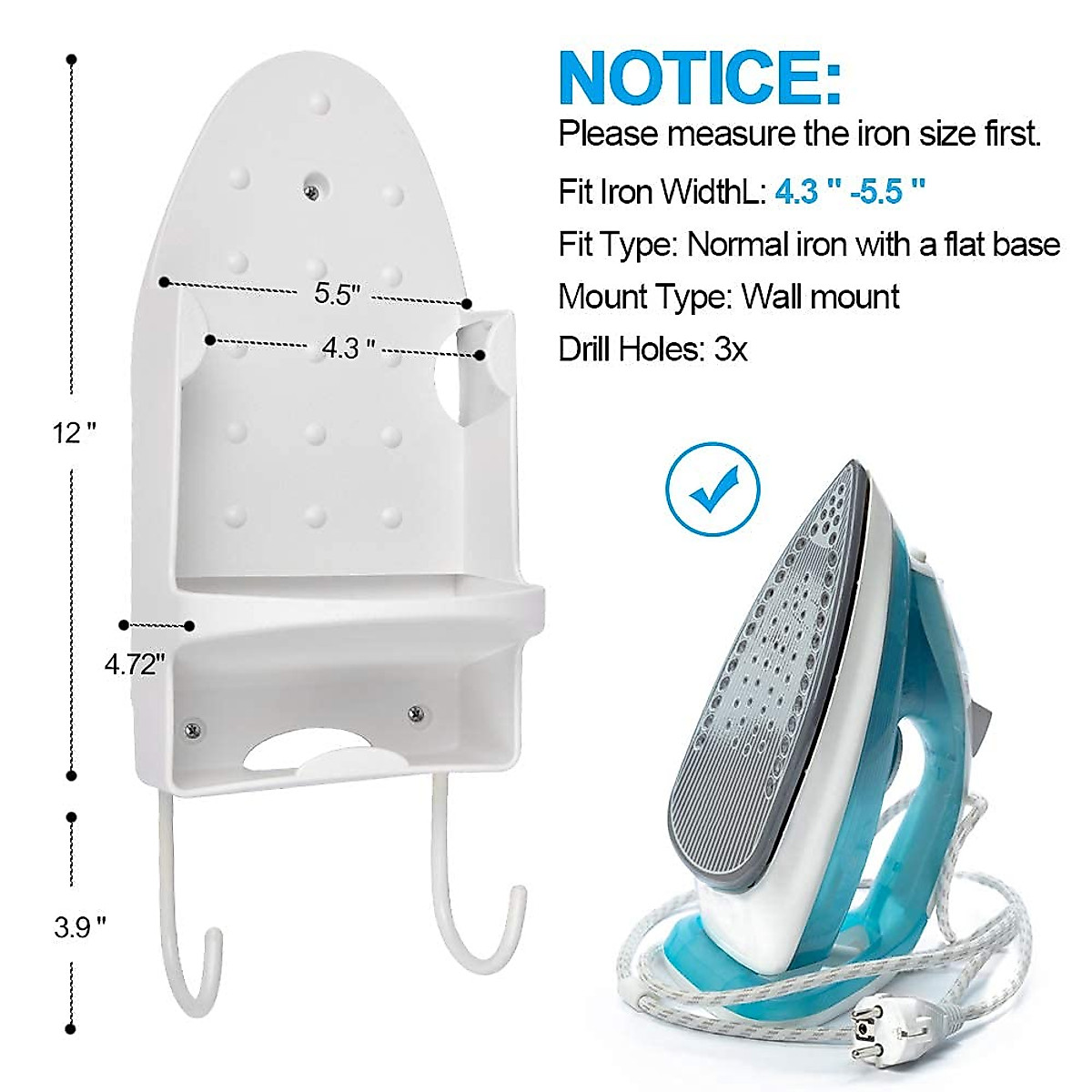 Ironing Board Hanger Wall Mount Iron Hanger Ironing Board Rack Electric Iron Holder Household Bathroom Shelf - for Max 5 inch Width