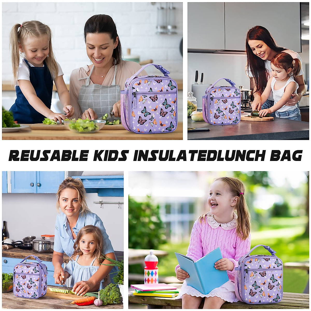 Choco Mocha Girls Lunch Box for School, Butterfly Lunch Bag for Kids, Purple