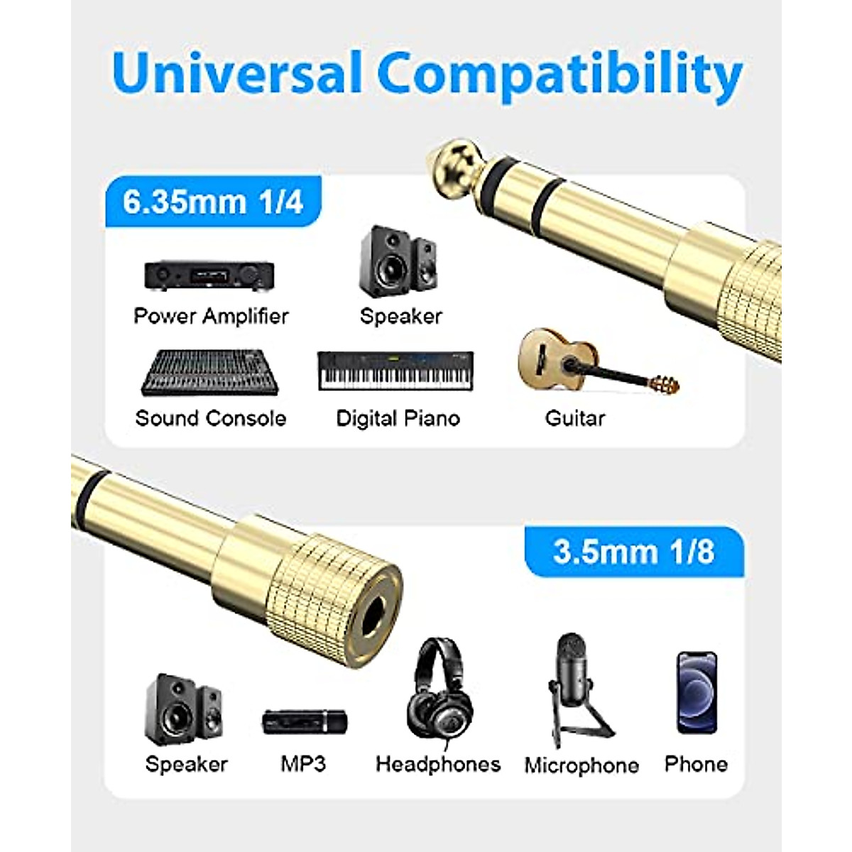 GIMILINK Headphone Stereo Audio Jack Adapter 6.35 mm 1/4 inch Male to 3.5 mm 1/8 inch Female, 1/8 inch to 1/4 inch Plug Aux Adapter (3-Pack)
