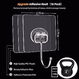 DKHDBD Large Adhesive Hooks, 16-Pack Hold 44lb(Max) Heavy Duty Sticky Hooks, Waterproof Transparent Hooks for Hanging, Self-Adhesive Traceless Clear Wall Hooks to Use for Keys Robe & Towel
