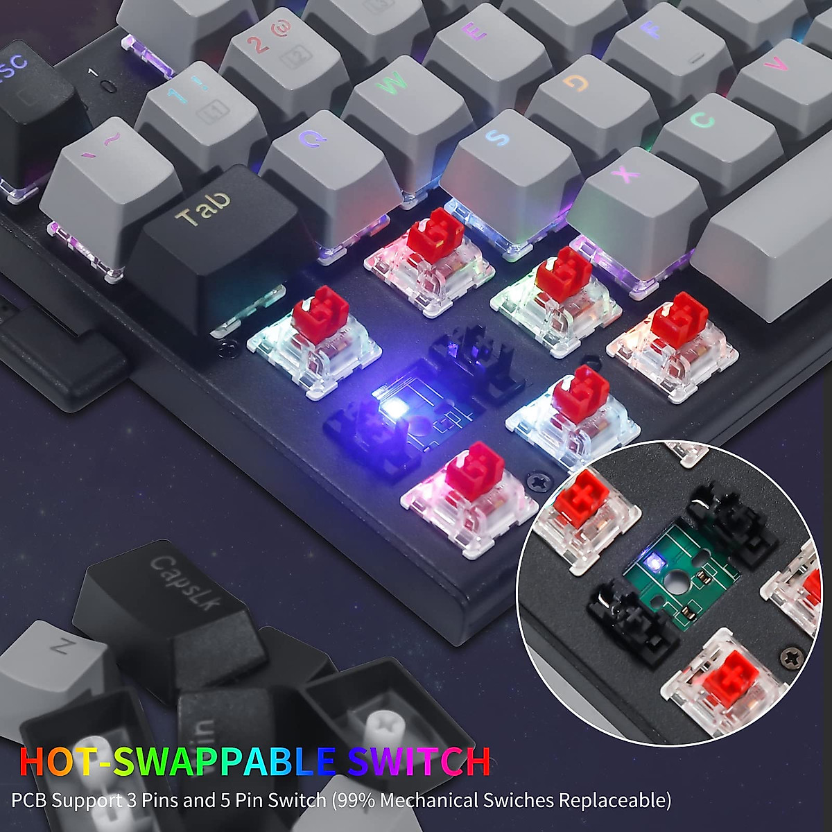 HUO JI E-YOOSO Z-19 Mechanical Gaming Keyboard with Number Pad, True RGB Backlit, 5 Pin Hot Swappable Red Switches, Pro Software Supported, Wired Compact 94 Keys for PC/Computer, Grey Black