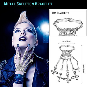 5 Pieces Full Finger Ring Punk Wristband Skull Fingers Hand Bracelet Skull Finger Skeleton Joint Bracelet Knuckle Full Ring for Halloween Accessories (Silver)