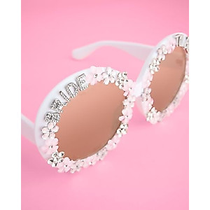 xo, Fetti Groovy Bride To Bride White Sunglasses - Flowers + Rhinestones | Last Disco Bachelorette Party Sunnies, Engagement Decorations, 70s Bridal Shower Accessory, Boho Bach Supplies