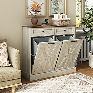 Halitaa Trash Can Cabinet, Double Tilt Out Trash Cabinet with 2 Drawers, Hidden Kitchen Trash Bin Cabinet for 10 Gallon Garbage Can, Free Standing Holder Wooden, Walnut White