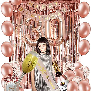 30th Birthday Decorations for Women - Rose Gold 30 Birthday Decor for Her，Happy Bday Banner Kits, Rosegold Balloons, Cake Topper, Foil Balloons and Sash for Girls Women Thirty Birthday Party Supplies