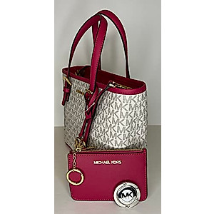 Michael Kors Jet Set Travel XS Carryall Convertible Top Zip Tote bundled with SM TZ Coinpouch and Purse Hook (Carmine Pink MK Multi)