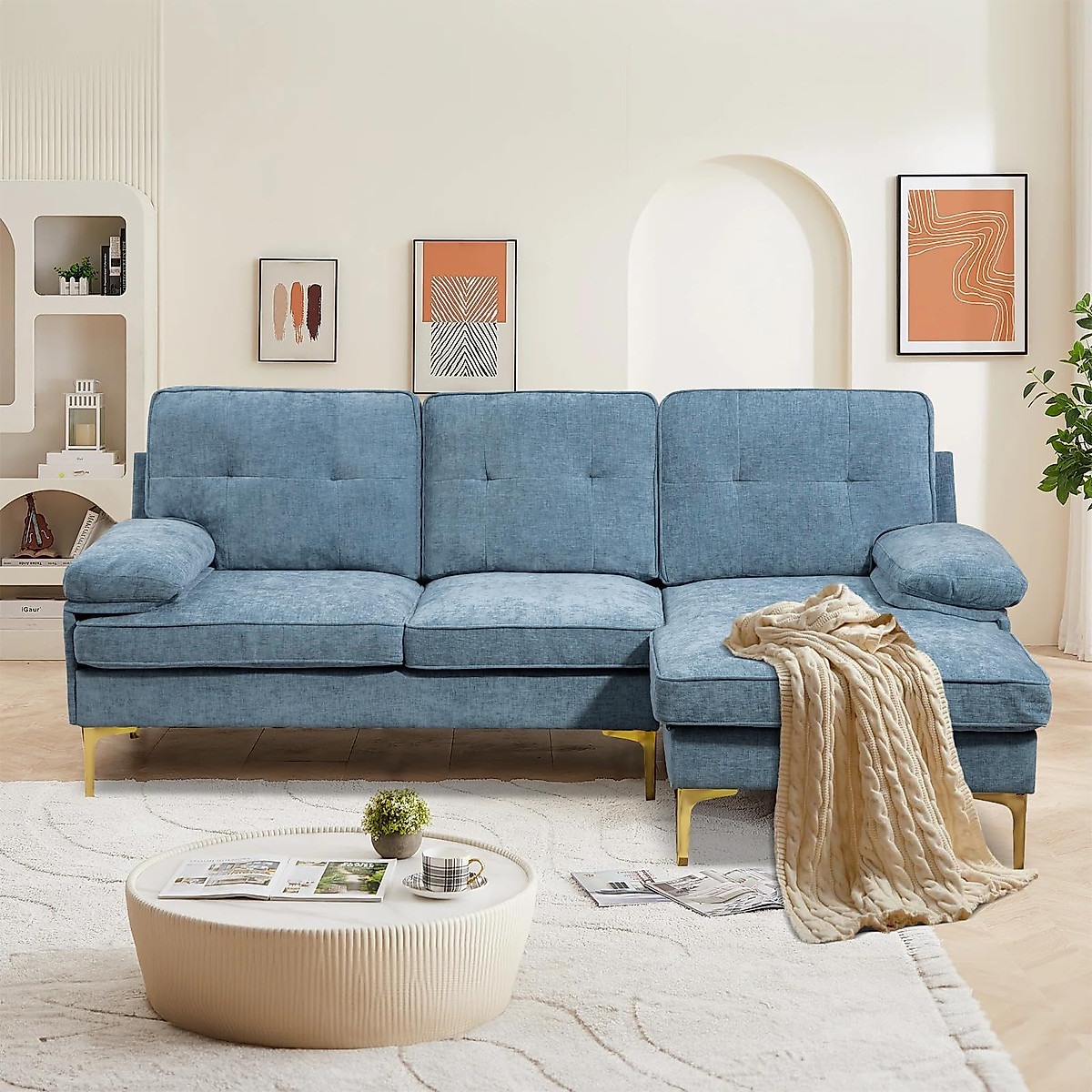 RIHEREFY 84'' L Shaped Couch with Chaise, L Shape Sectional Couch with Metal Legs, 3-Seat Sofa with Reversible Chaise, Mid Century Modern Couch for Living Room, Bedroom, Apartment(Blue)