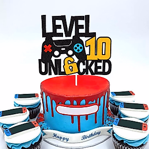 Level 10th Unlocked Cake Topper Game Controller 10s Cake Decoration Happy 10 Birthday Cake Decor Video Play Game Movie Theme Boys Girls Men Women Teenager Bday Party Event Celebration Supplies