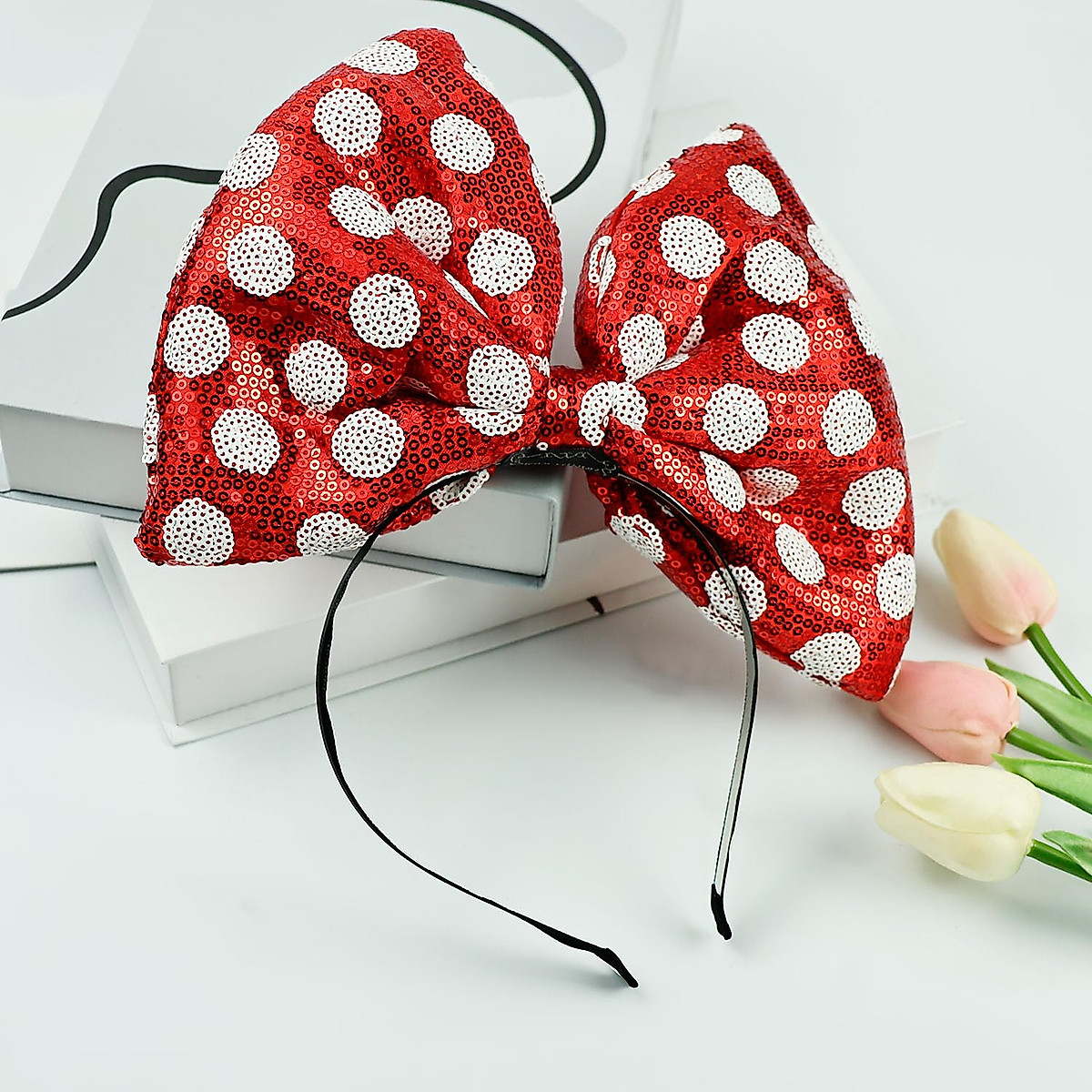 Bubbmi Polka Dot Hairband - Large Sequin Bow Headband, Women's Festival Costume Hair Accessory for Birthday Party, Handmade, 1 Piece