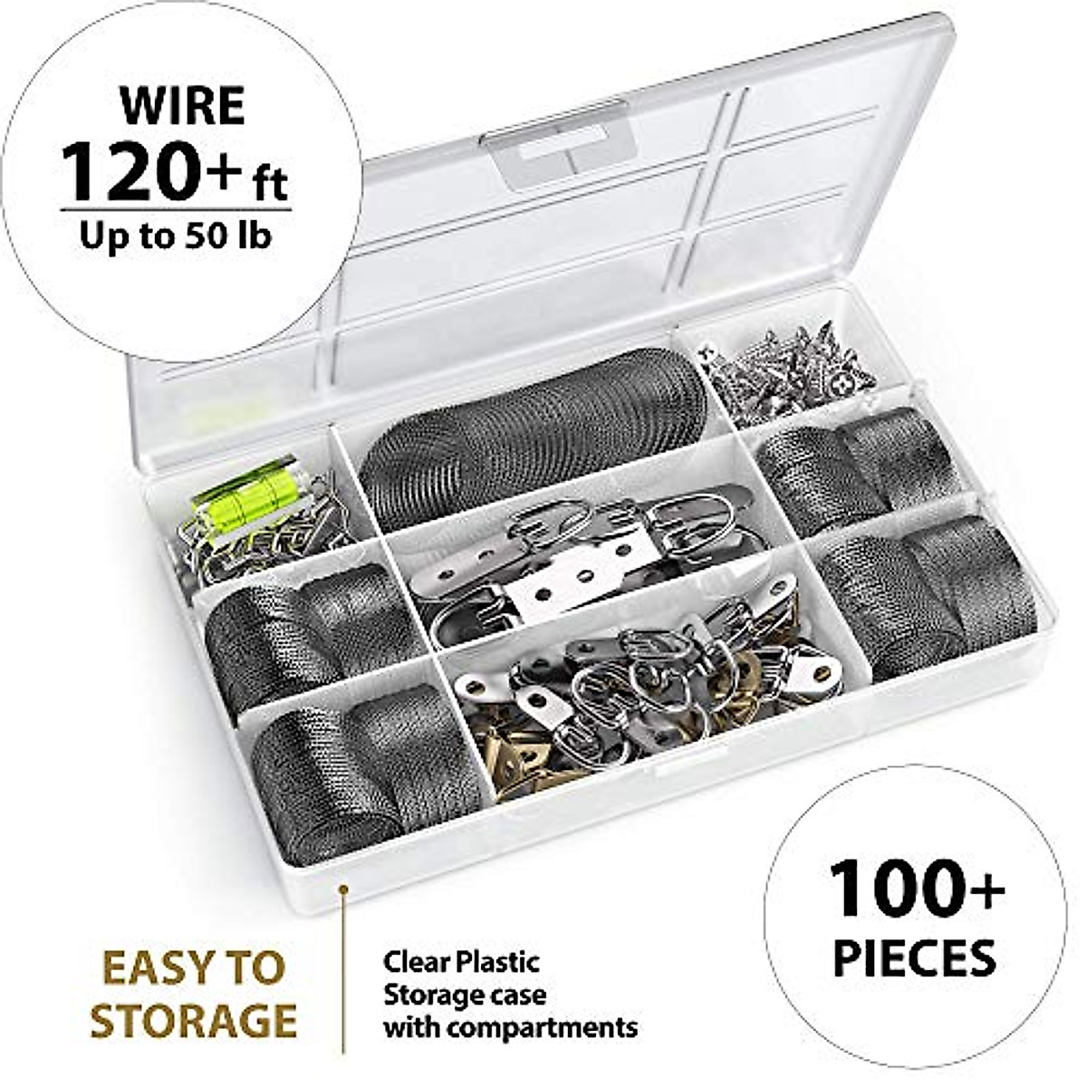 Picture Wire Hanging Kit 100+ Pieces - D-Ring, Screws, Hanging Hooks,Level. Supports up to 50 lbs 120+ Feet(38 M) Stainless Steel Wire Hanger | Comes with Solid Box