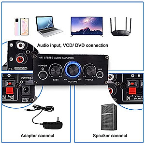 XMSJSIY 12V HiFi Stereo Audio Amplifier for Car 2 Channel HiFi Bass Audio Subwoofer Amp for Cars CD DVD MP3 Player Speakers