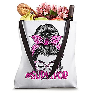 Survivor Messy Bun Glasses Leopard Pink Breast Cancer Tote Bag