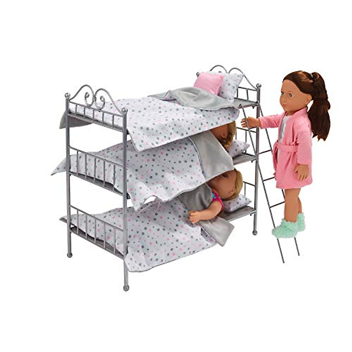 Badger Basket Toy Scrollwork Metal Triple Doll Bunk Bed with Ladder and Bedding for 18 inch Dolls - Silver/Pink