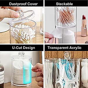 EOFJRUC Cup Dispenser for Bathroom 4 Pack, Qtip Holder for Cotton Ball Swab, Cotton Round Pads, Floss, Fit for 3-4 oz Cup for Bathroom Canister Storage Organization, Vanity Makeup Organizer-Clear