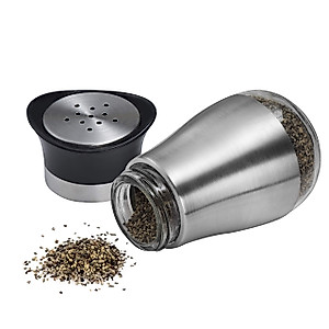 MITBAK Salt and Pepper Shakers (2-Pc. Set) Modern Stainless-Steel w/Clear Glass Bottom | Compact Cooking, Kitchen and Dining Room Use | Classic, Refillable Design (Black)