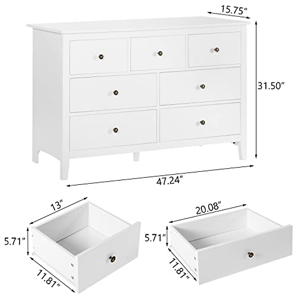 Yokstore White Dresser for Bedroom, 7 Drawer Dresser, Wooden Bedroom Dresser, Modern Storage Chest of Drawers for Living Room, Hallway, Entryway, Bedroom Furniture
