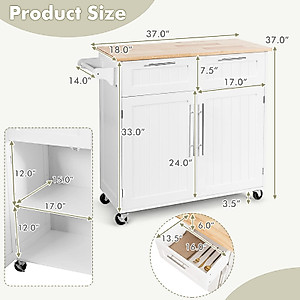 COSTWAY Kitchen Island Cart on Wheels, with Side Towel Bar, 2 Drawers, 2 Door Cabinet, Rolling Storage Trolley Cart with Rubber Wood Top & Lockable Casters (White)