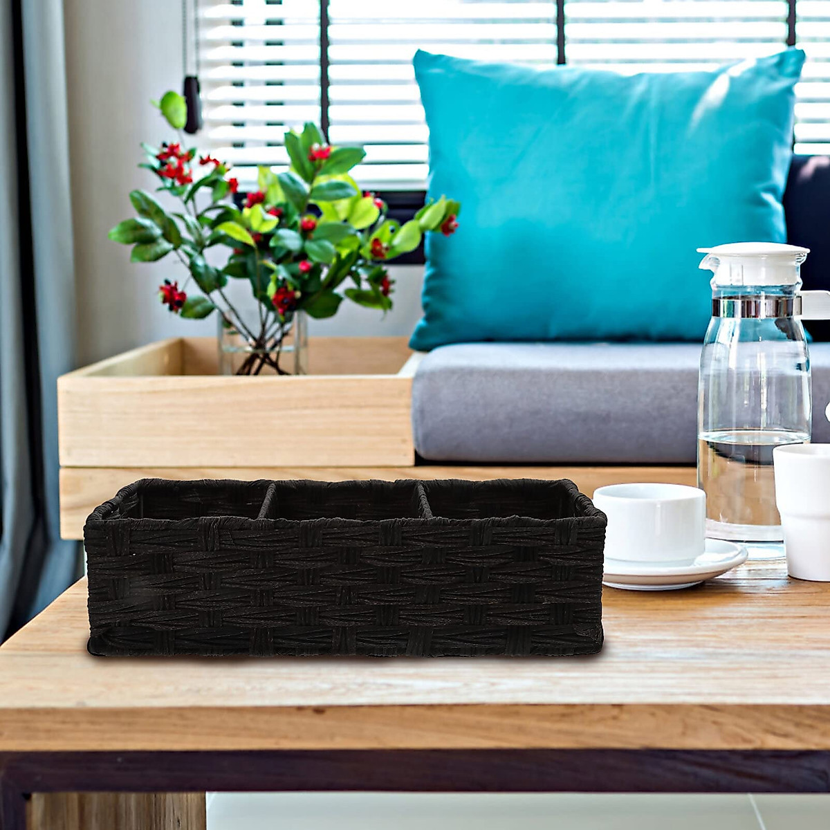 Luxshiny 1pc Straw Storage Box Toilet Tank Baskets Wicker Basket Divided Black Woven Storage Basket Small Over Toilet Organizer Bedroom Accessory Cattail Grass To Weave Storage Tray