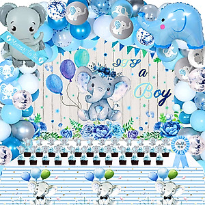 134PCS Elephant Baby Shower Decorations for Boy Baby Boy Shower Decorations Include Elephant Theme Balloon Garland Arch Kit Backdrop Tablecloth Cake Toppers Mommy Sash and Daddy Badge