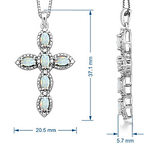 Jewelili Cross Pendant Necklace in Sterling Silver with Oval Shape Created Opal and Round Created White Sapphire, 18” Box Chain