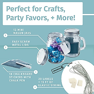 Otis Classic Glass Mason Jars - Mini Mason Jar Glasses with Lids & Handles for Halloween Decorations & Fall Décor, 3.4 Ounce Pack of 12 Mini Mason Jars with 18 Chalkboard Stickers, 20 Labels & Pen