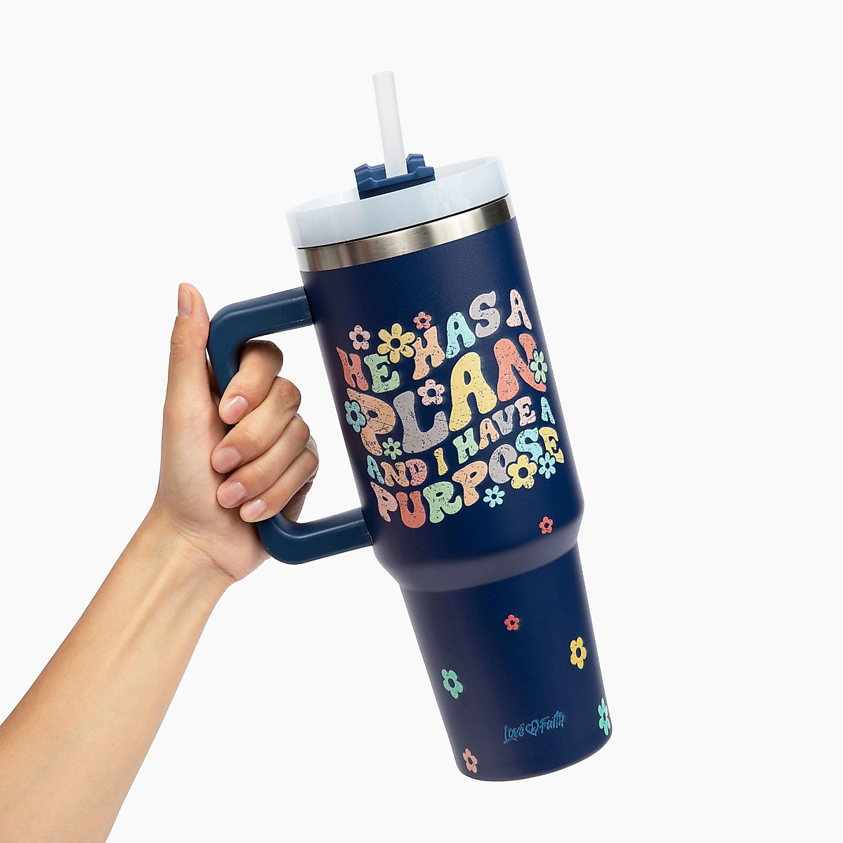 Love in Faith | Stainless Steel Faith-Based 40oz Tumbler with Handle | Vacuum Insulated | Christian Gifts (He Has a Plan Floral)