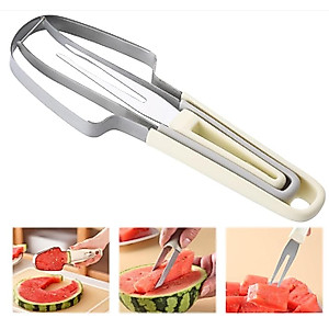 TROKKA 3-in-1 Watermelon Fork Slicer Cutter，Stainless Steel Watermelon Popsicle Cutter Watermelon Cutter Slicer Tool Melon Cutter Knife Portability Fruit Fork for Camping Kitchen Gadgets (Beige)